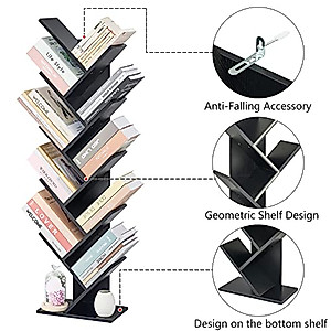 Hoctieon 10 Tier Tree Bookshelf, 10 Shelf Bookcase, Free Standing Tree Bookcase, Display Floor Standing Shelf for Books, Book Organizer Shelves for Home Office, Living Room, Bedroom, Black