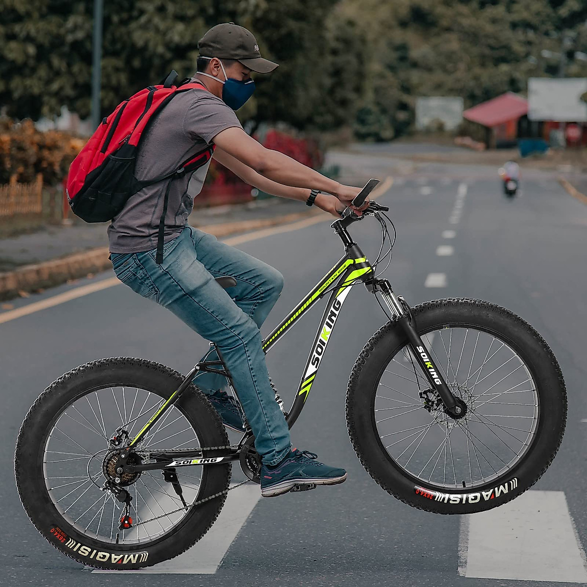 Fat Tire Mountain Bike, 26'' 21 Speed Outdoor Snow Beach Hybrid MTB Racing Bikes for Adult Women Men, Comfort Complete Cruiser Bicycle, Lightweight City Commuter Road Cycling, Dual Disc Brakes (N)