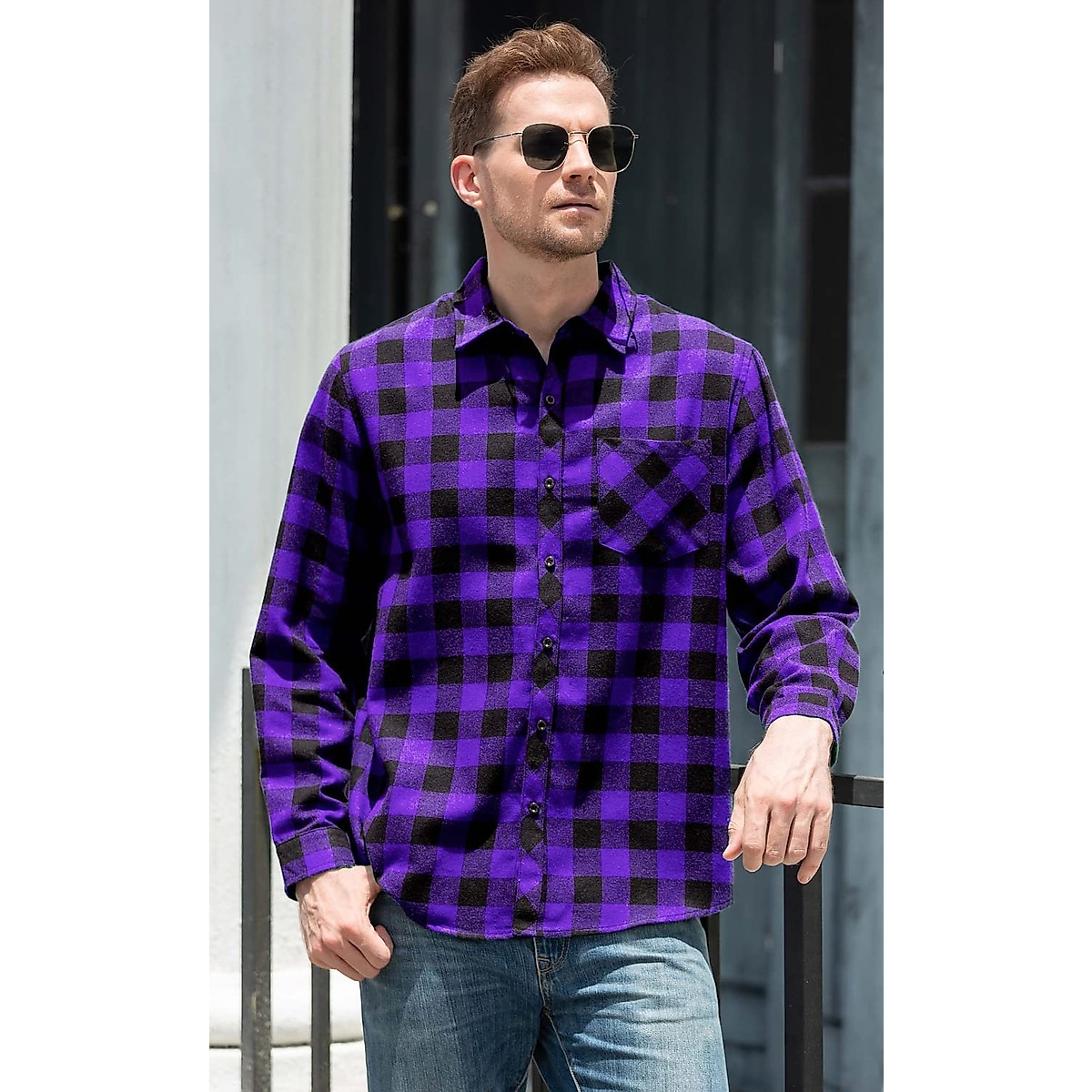 Cromoncent Men's Casual Plaid Flannel Long Sleeve Button Down Shirt,Purple Black,Medium