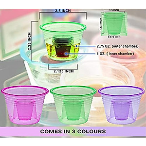 MATANA 150 Neon Plastic 3.75oz Party Bomb Shot Glasses with 1oz Inner Shot Cups - Sturdy, Disposable & Reusable