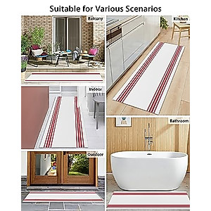 Floor Mat Kitchen Rug Red Stripe White Back Farmhouse Style Washable Doormat Non Slip Bathroom Rugs,Classic Simple Lines Absorbent Carpet for Bedroom Laundry Living Room Sink 20x47in