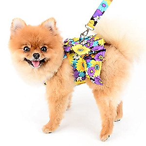 SMALLLEE_LUCKY_STORE Dog Floral Harness Dress with Leash Set,Bow Puppy Princess Dress for Small Medium Dog Cat Girls Adjustable Pet Skirt with D-Ring Female Dog Clothes Summer Apparel,Purple,S