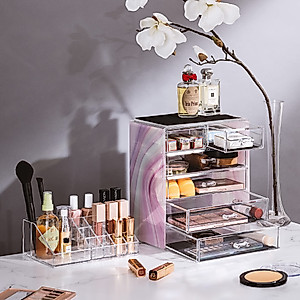 Sorbus Clear Cosmetic Makeup Organizer - Make Up & Jewelry Storage, Case & Display - Spacious Design - Great for Dresser, Bathroom, Vanity & Countertop (4 Large, 2 Small Drawers) [Tie Dye Print]