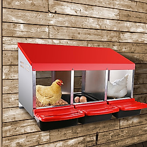 Vehipa Chicken Nesting Boxes, 3 Hole Metal and Plastic Chicken Laying Boxes with Roof, Rollout Egg Collector for Chicken Coop and Farm - Collect Eggs Easily