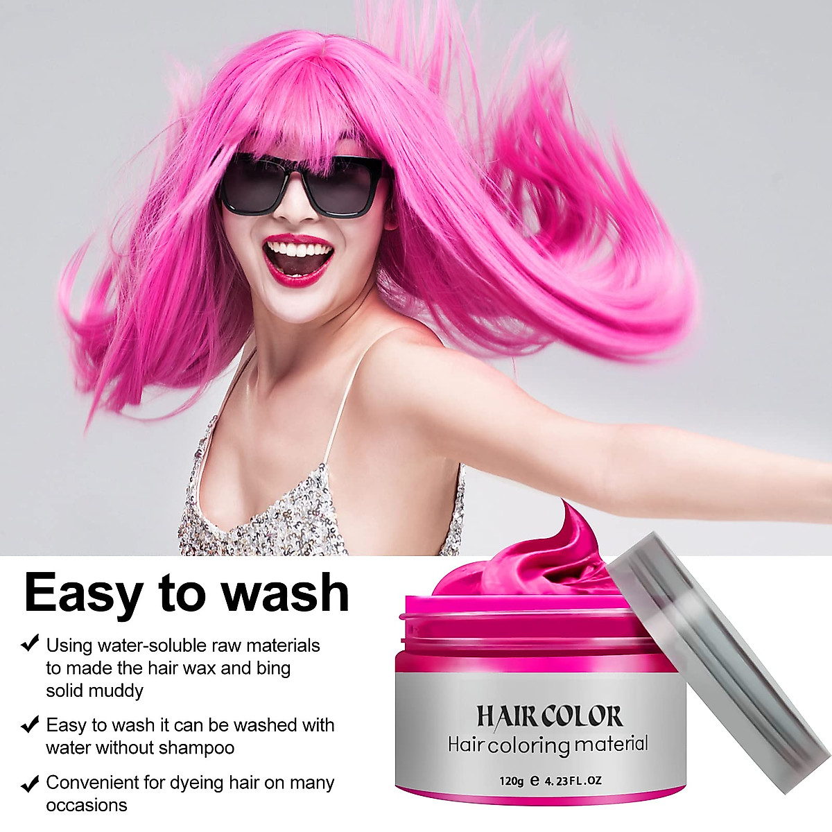 Temporary Hair Color Wax 4.23 oz-Instant Hairstyle Cream Hair Pomades Hairstyle Wax for Party Cosplay Easy Cleaning (1, Pink)