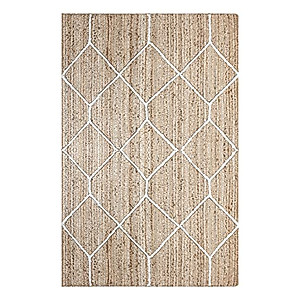 Casavani Indian Handmade Natural Fiber Rug Geometric Beige & White 3x5 Ft Rectangular Shape Jute Rug Best Uses For Bedroom,Dining Room & Loundry Room 11x11 Feet Square