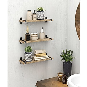 Gronda Floating Shelves Natural Wood Set of 3, Rustic Solid Wood Floating Shelves Wall Mounted Floating Bookshelves Farmhouse Wooden Wall Decor Wall Shelves for Bathroom Living Room Bedroom Kitchen