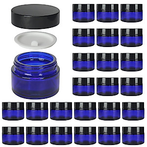 BPFY 24 Pack 1 oz Round Blue Glass Cosmetic Jars with Inner Liners and Black Lids, Travel Glass Jars, Cosmetic Containers for Lip Balms, Powders, Makeup, Cream, Eyeshadow, Slime, Paint