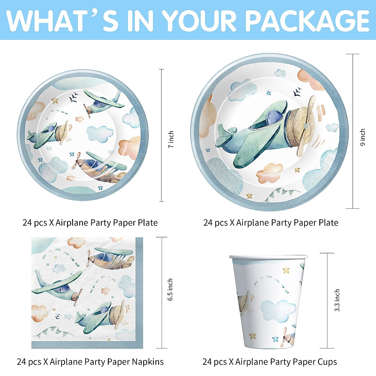 HIPVVILD Airplane Party Decorations Tableware - Airplane Birthday Party Supplies, Paper Plate, Cup, Napkin, Tablecloth, Cutlery, Airplane Theme Birthday Baby Shower Decorations Dinnerware | Serve 24