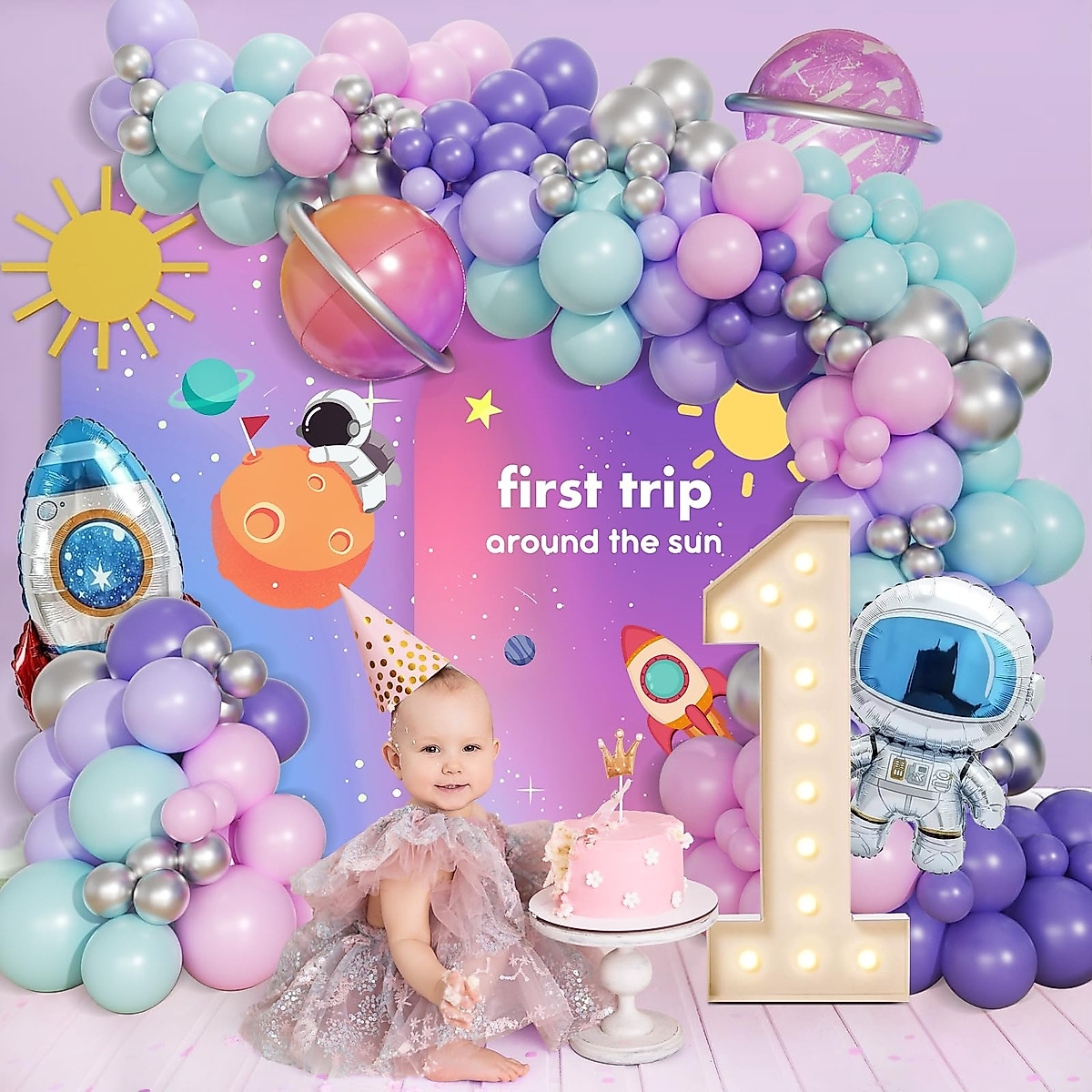 161pcs Space Balloons Arch Kit Outer Space Party Decorations with Space Astronaut Rocket Pink and Purple Balloons Space Themed Birthday Party Baby Shower Decorations