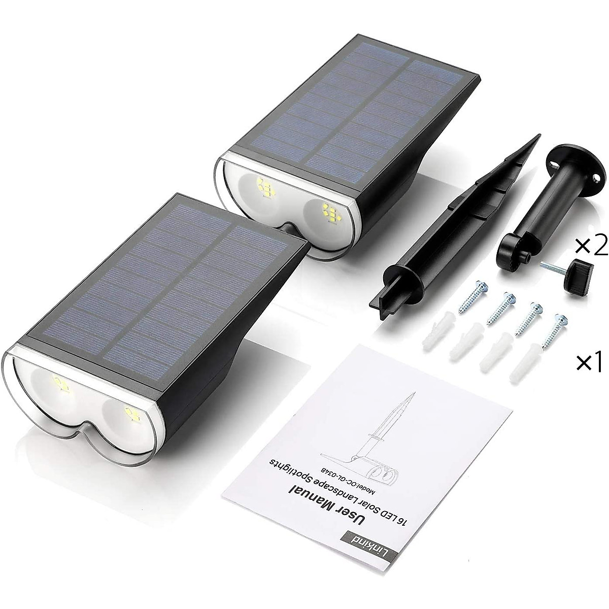 Linkind StarRay Solar Spot Lights Outdoor, 16 LEDs IP67 Waterproof Dusk-to-Dawn Landscape Spotlights, 6500K Daylight Wall Lights for Garden Yard Driveway Walkway, 2 Pack