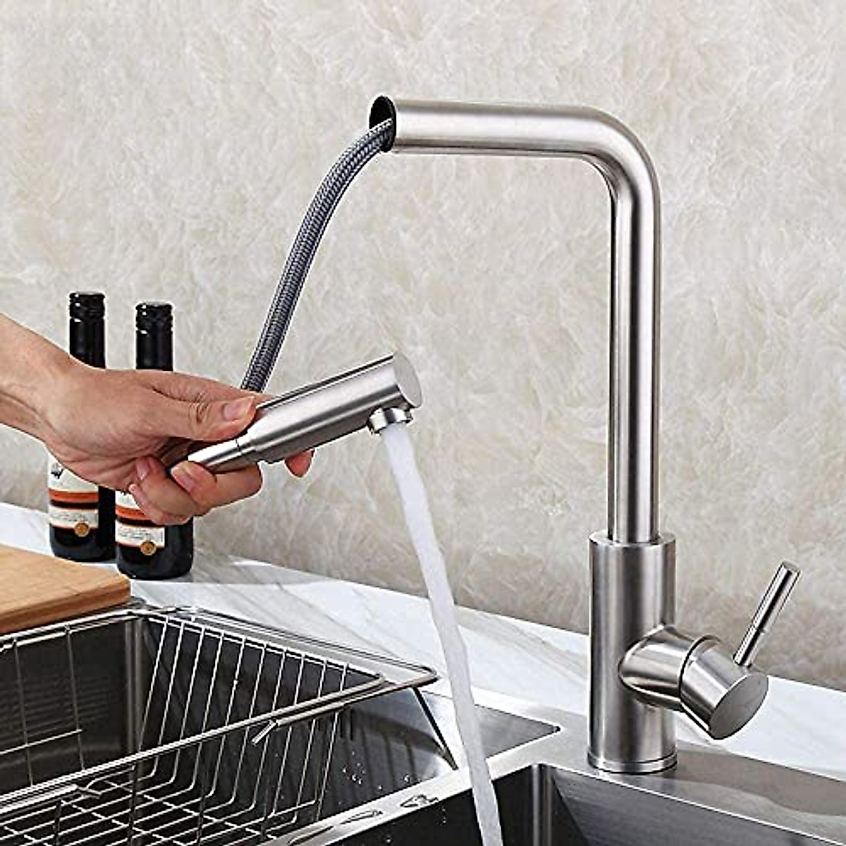 Kitchen taps with Pull Out Spray,Mixer tap hot and Cold 360°Swivel Single Lever,Stainless Steel Brushed,2 Functions,Kitchen Sink,Faucet