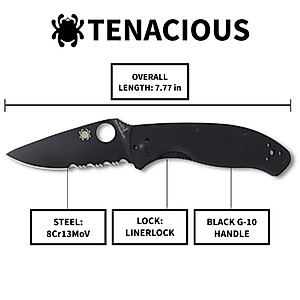 Spyderco Tenacious Folding Utility Pocket Knife with 3.39" Black Stainless Steel Blade and Durable G-10 Handle - Everyday Carry - CombinationEdge - C122GBBKPS