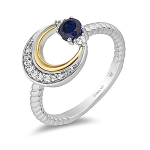 Jewelili Hallmark Fine Jewelry Sterling Silver and 14K Yellow Gold 4 MM Round Created Blue Sapphire and 1/10 Cttw Natural White Round Diamond Crescent Moon Ring, Size 8