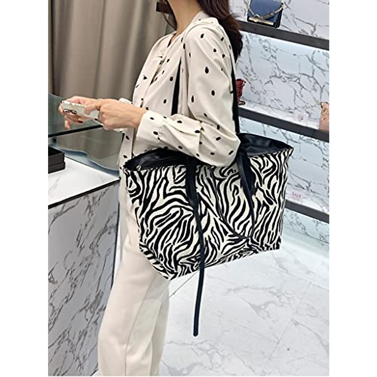 Tote Bag for Women Zebra Pattern Shoulder Bag Hobos Purse +++ Large Satchel Handbag for Working Travel Shopping (White)