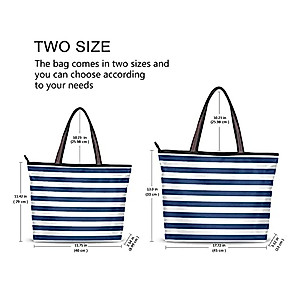 Bolaz Tote Bag with Zipper for Women Navy Blue White Striped Handbags Pockets Shoulder Bag Work Large Travel Office Business