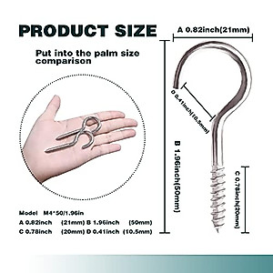 20 Pieces of 1.97 inch Pull Hook 304 Stainless Steel Hook, Round Head Screw Hook, M4 Metal Cup Hook, Indoor and Outdoor Screw Hook, M4x50
