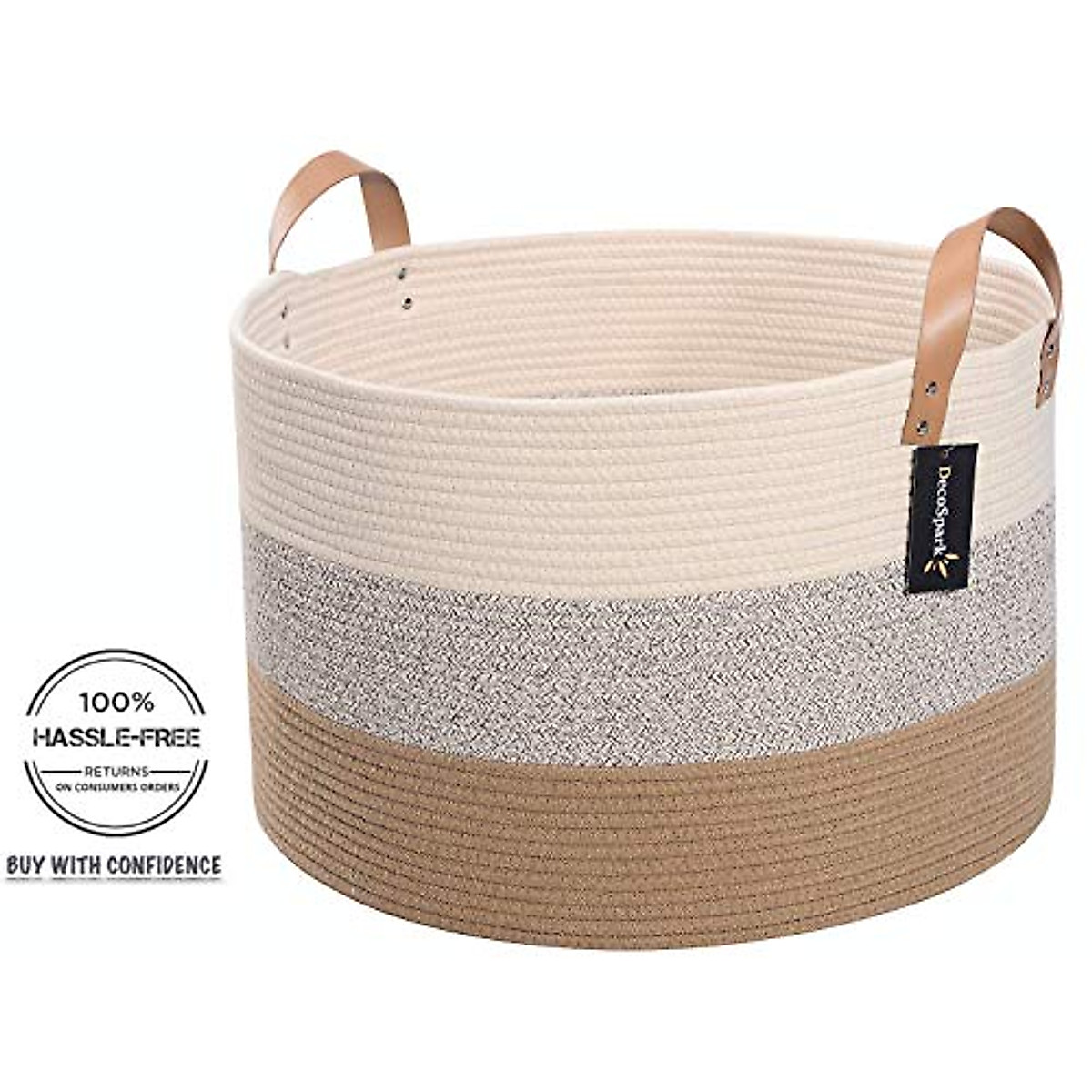 Decospark XXXL Cotton Rope Basket for Toy and Blanket Storage| 21.7" x 13.8" | Soft Long Handles | Decorative Home Organizer Ideal for Living Room, Baby Clothes and Laundry (Camel Grey and Cream)