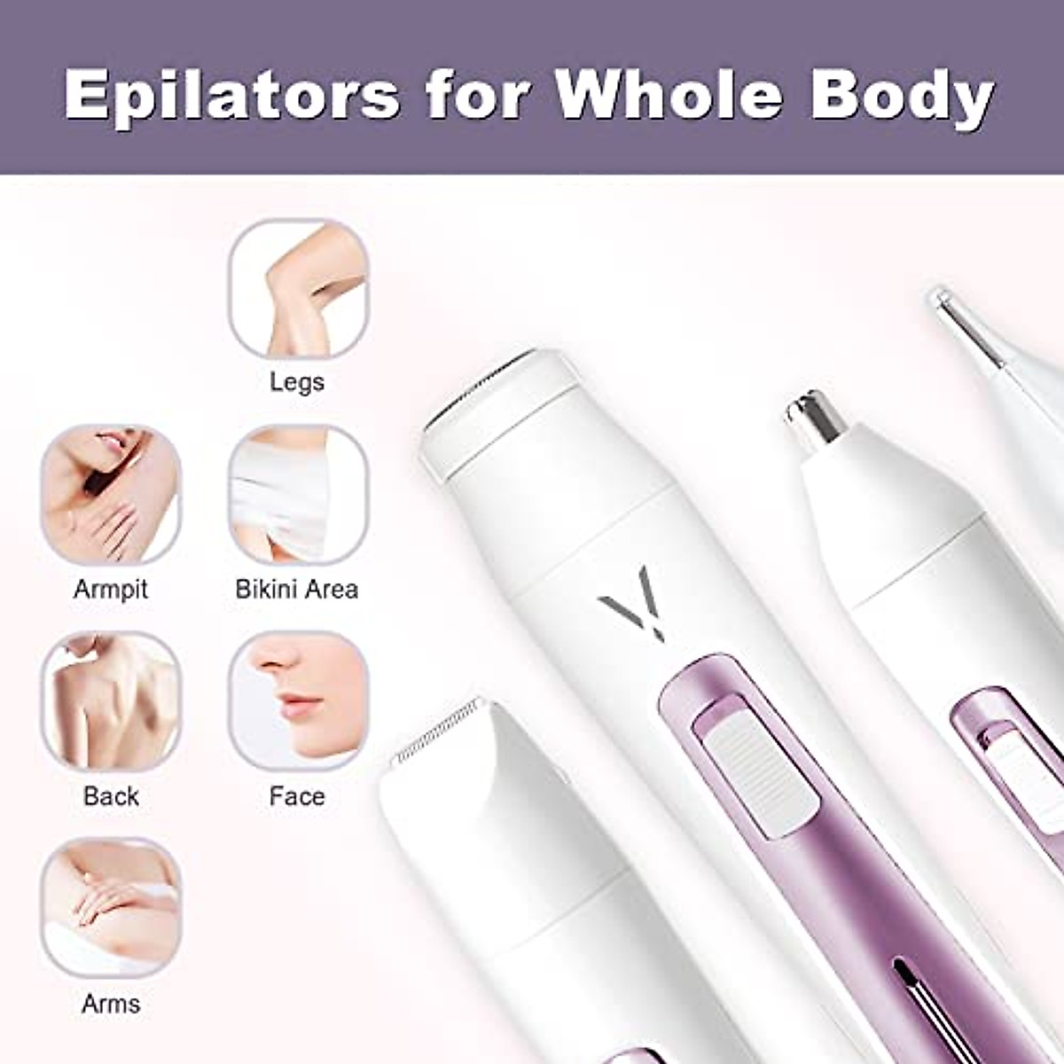 Face Razors for Women, Rechargeable 4 in 1 Facial Hair Removal and Eyebrow Nose Trimmer, Painless Bikini Trimmer, Shaver for Body, Arms, Armpit, Peach Fuzz on Upper Lip and Chin, Waterproof, Plum