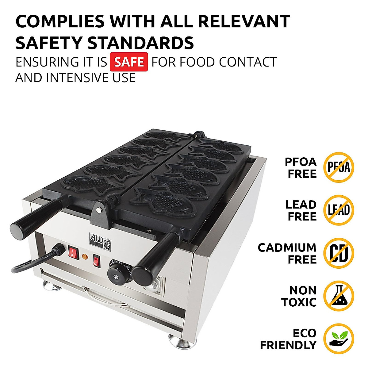ALDKitchen Taiyaki Fish Waffle Maker | Electric Taiyaki Machine | Fish Shaped Waffle Cones | Stainless Steel Professional | Nonstick Coating | 110V (Six Fishes)
