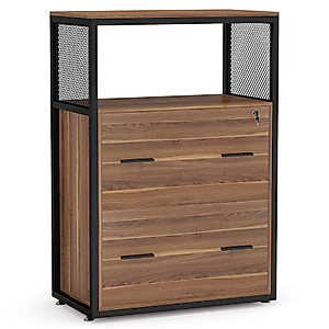 Tribesigns 2 Drawer Lateral File Cabinet with Lock, Letter/Legal / A4 Size, Large Rustic Filing Cabinet Printer Stand with Metal Wire Open Storage Shelves for Home Office (Walnut)