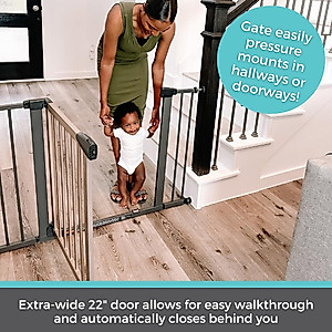 Toddleroo by North States Driftwood Extra Wide Auto Close Baby Gate: Self-Closing Child Gate with Hold-Open Feature. Pressure Mounted Baby Gate, Fits 29.75” to 52” Wide. (30" Tall, Graphite and Wood)