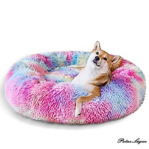 Patas Lague Calming Donut Dog Bed Cat Bed for Small Medium Large Dogs and Cats Anti-Anxiety Plush Soft and Cozy Cat Bed Warming Pet Bed for Winter and Fall (20 in, Mixed Rainbow)