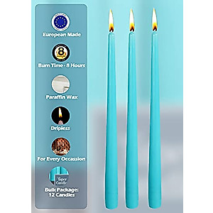 12 Pack Tall Taper Candles - 10 Inch Light Blue - Turquoise Dripless, Unscented Dinner Candle - Paraffin Wax with Cotton Wicks - 8 Hour Burn Time.