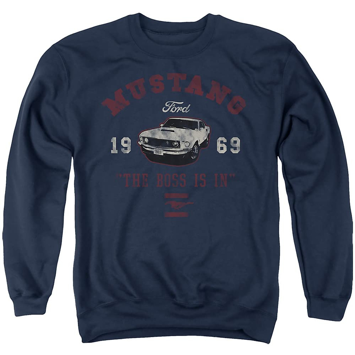 Popfunk Classic Ford Mustang The Boss is in Unisex Adult Long-Sleeve T Shirt, Navy, Large
