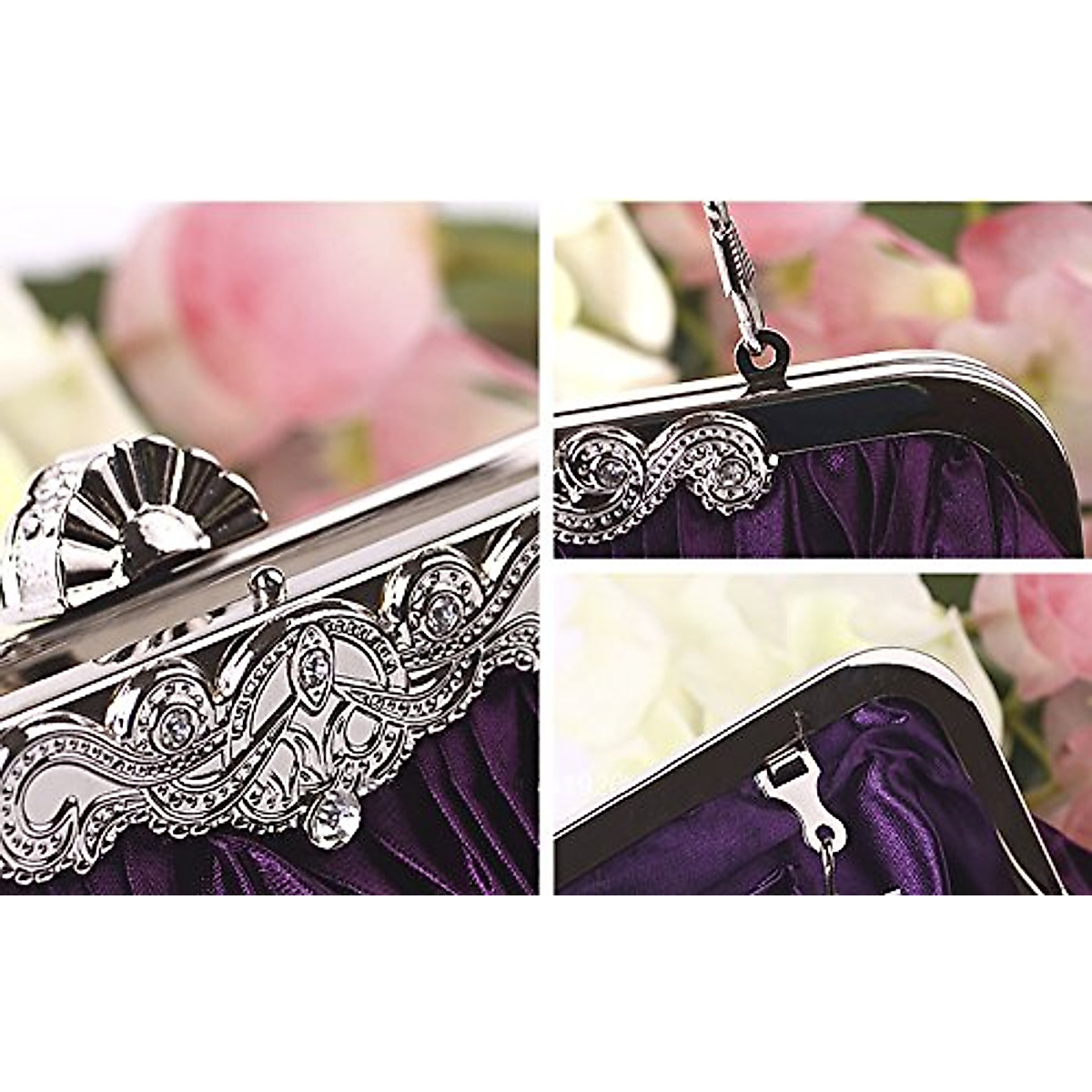 QZUnique Women's Vintage Satin Clutch Purse Pleated Crystal Evening Handbag Shoulder Bag Purple