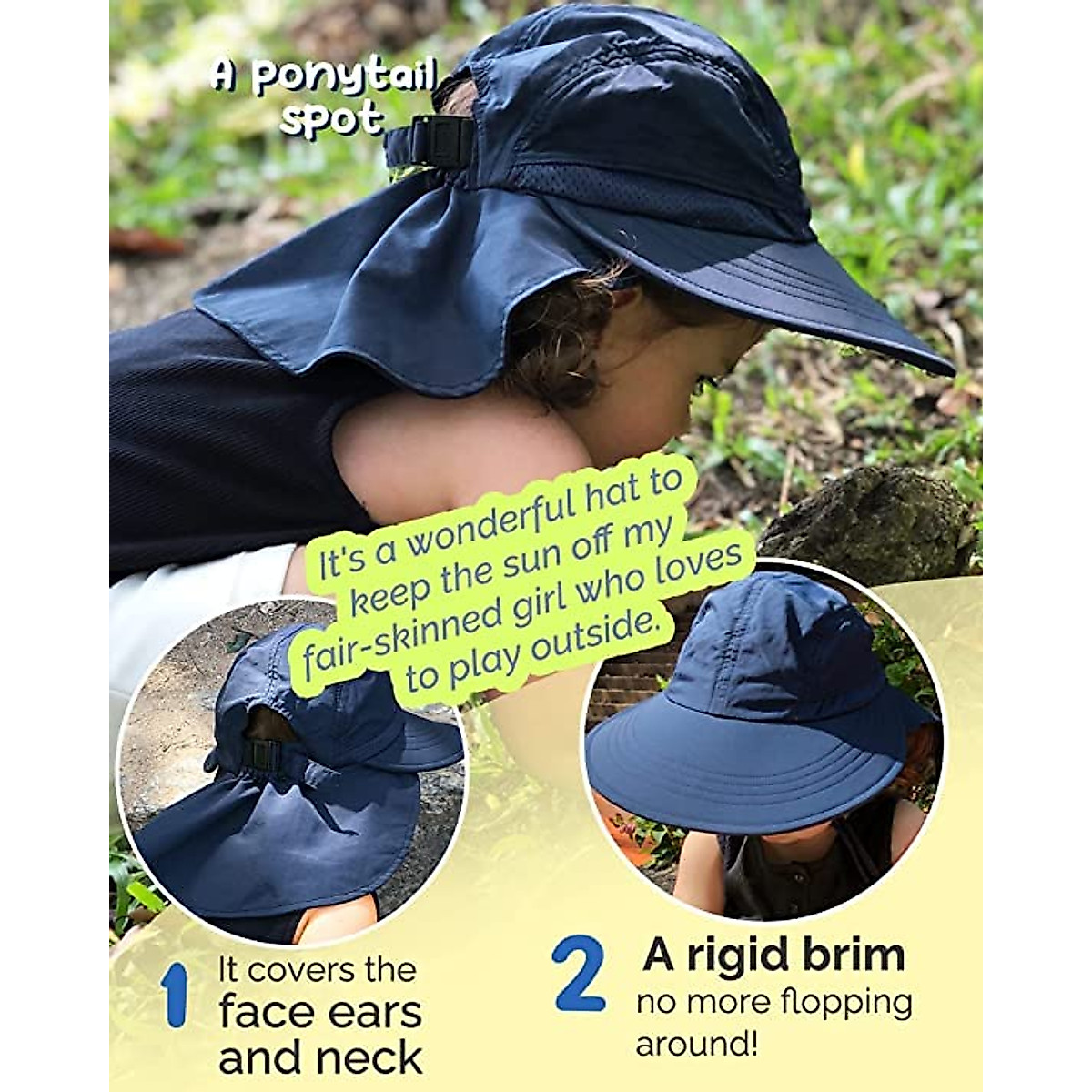 Camptrace Toddler Kids Sun Hats with Neck Flap UPF 50+ UV Protection Wide Rigid Brim Boys Girls Beach Swim Sunhat