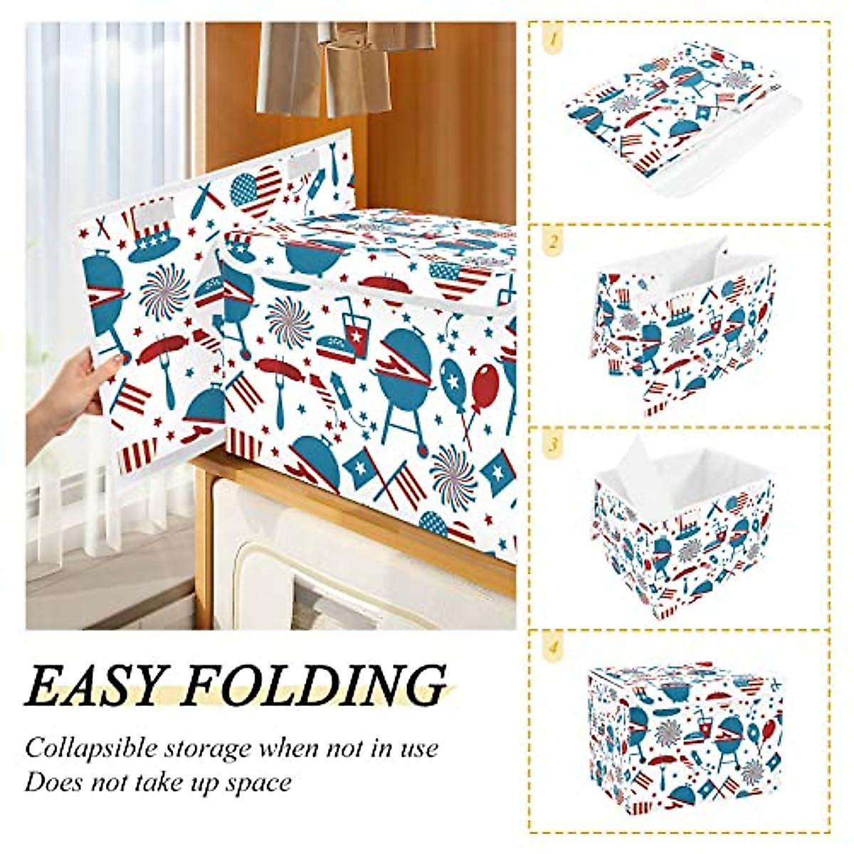 Fourth July Party Storage Bins with Lids Collapsible Storage Box Basket with Lid Closet Organizer Containers Storage Boxes for Organizing for Laundry Room School Office Cars