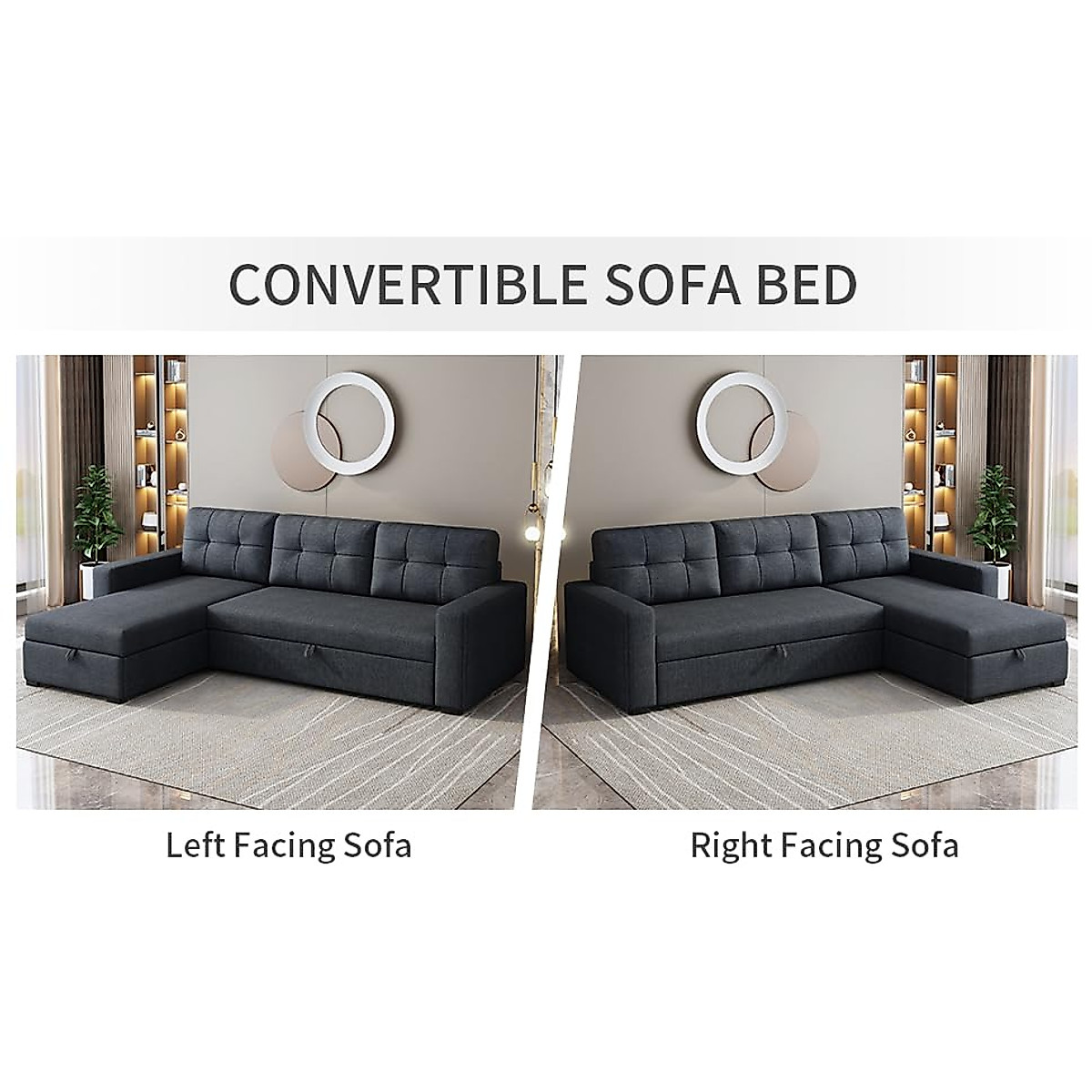 Favfurish 81.5" Sectional Sleeper Sofa with Storage Chaise, L Shaped Pull Out Couch Bed with 3 Removable Back Cushion for Living Room,Apartment,Office, Dark Grey