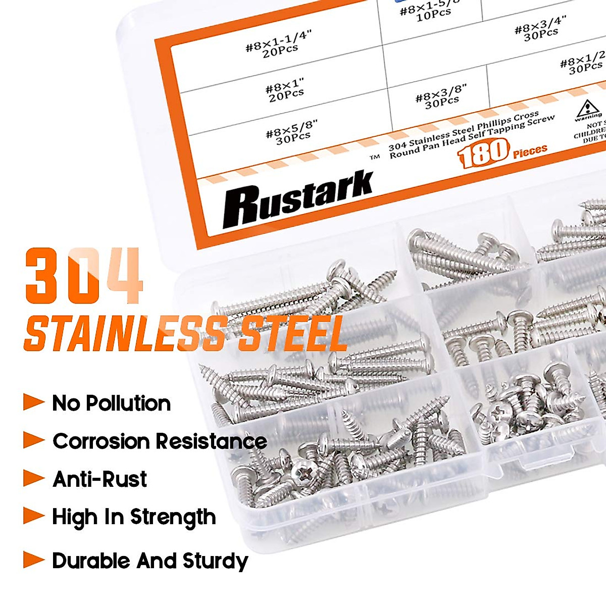 Rustark 180-Pcs [#8 3/8" to 1-1/2"] 304 Stainless Steel Round Pan Head Phillips Cross Wood Screws Self Tapping Drilling Screws Assortment Kit