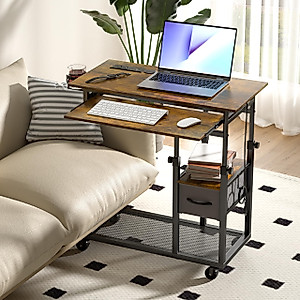 Oransail Height Adjustable C Table with Charging Station, Mobile Laptop C Shaped End Table, Couch Desk with Wheels, Couch Side Table with Storage Drawer for Living Room Bedroom