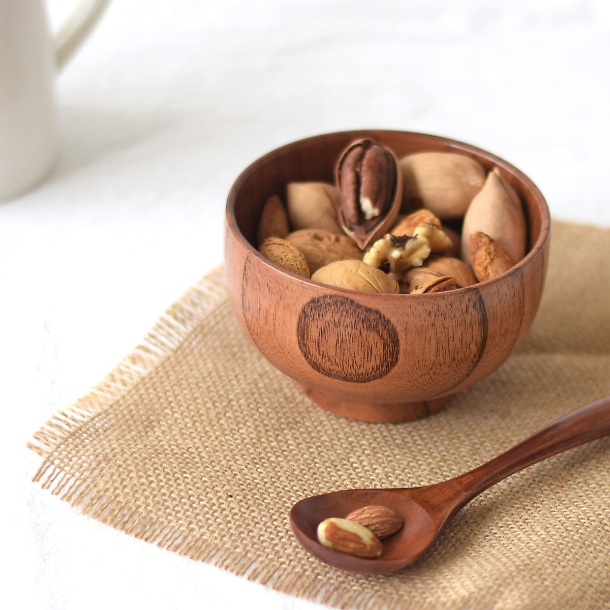 Kanhaom Small Wooden Bowls and Spoons, 10oz. Portion Control Bowls for Snack, Dessert, Japanese Serving Bowls for Rice, Soup, Solid Wood Bowls for Decor (4 Bowls with 4 Spoons - 4.1IN)