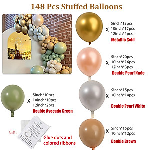 148pcs Neutral Nude Balloon Garland Arch Kit Pearl White Nude Tan Balloons Double Stuffed Green Balloon Garland for Bride Wedding Shower Woodland Jungle Theme Birthday Boho Party Decorations