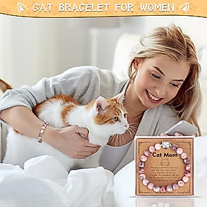 Cat Mom Gifts for Women, Cat Lover Gifts for Women, Crazy Cat Lady Christmas Gifts, Mothers Day, Birthday, Cat Gifts Basket with 20 oz Cat Tumbler, Makeup Bag, Natural Stone Bracelets, Socks