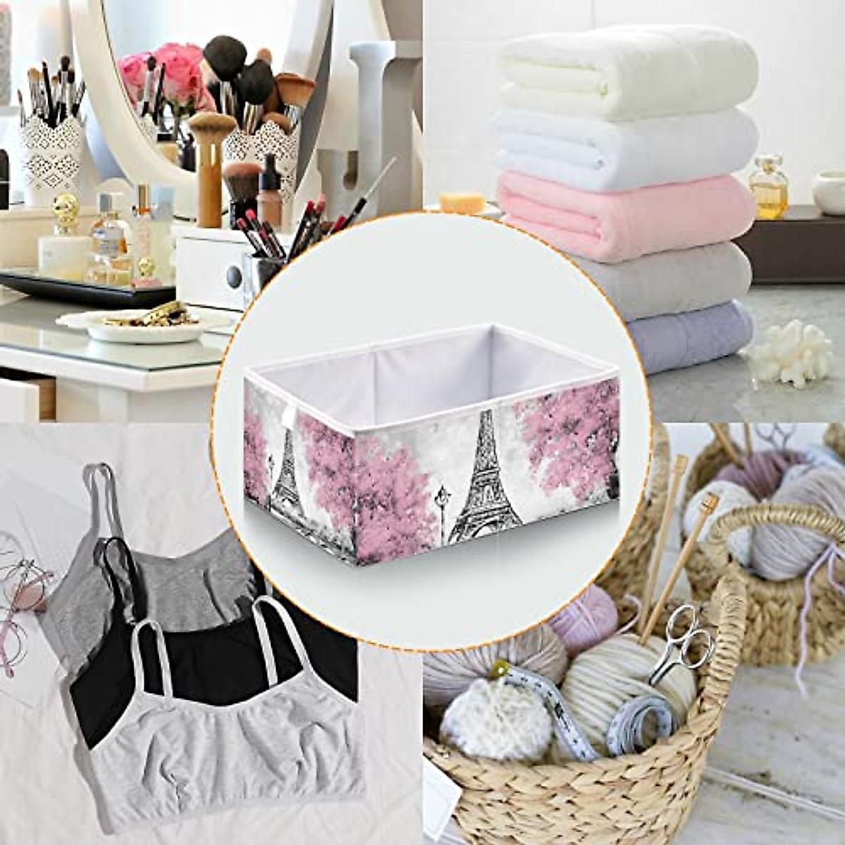 Kigai Oil Painting Paris Eiffel Tower Cube Storage Bin 11x11x11 in, Large Organizer Collapsible Storage Basket for Shelves, Closet, Storage Room