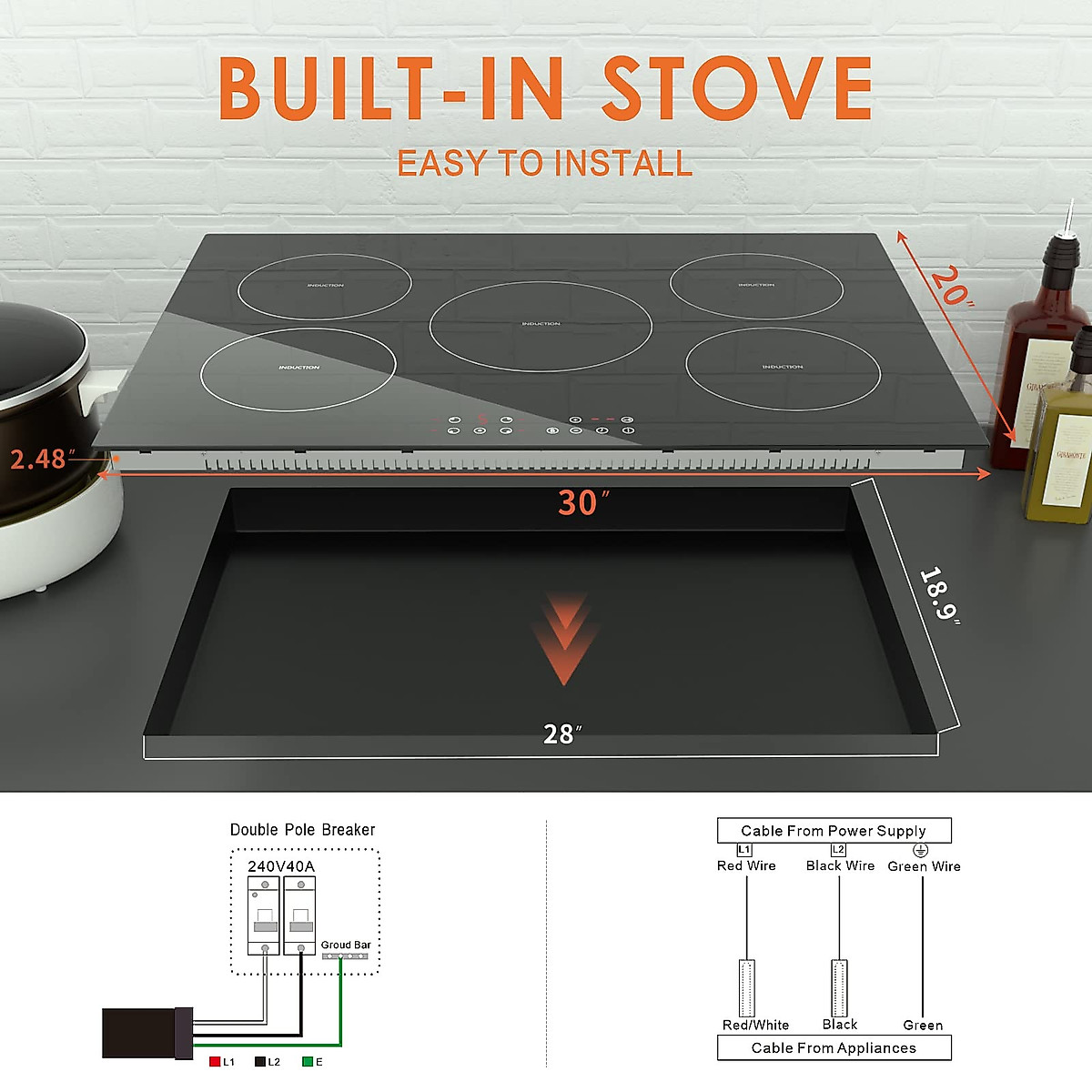Davivy 30 Inch Induction Cooktop,5 Burners Built-in Induction Cooktop,Induction Stove Top - 9 Heating Level,Child Safety Lock,Sensor Touch Control,Timer, 220~240V, 9300W