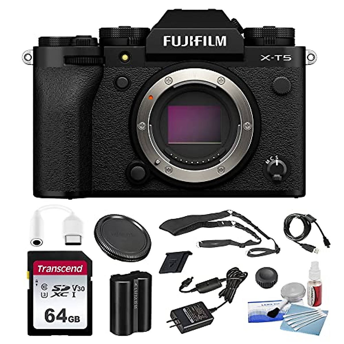 FUJIFILM X-T5 Digital Camera | Body Only, Black Bundle with 64GB Memory Card + Precision Design 5-Piece Camera Cleaning Kit (3 Items)