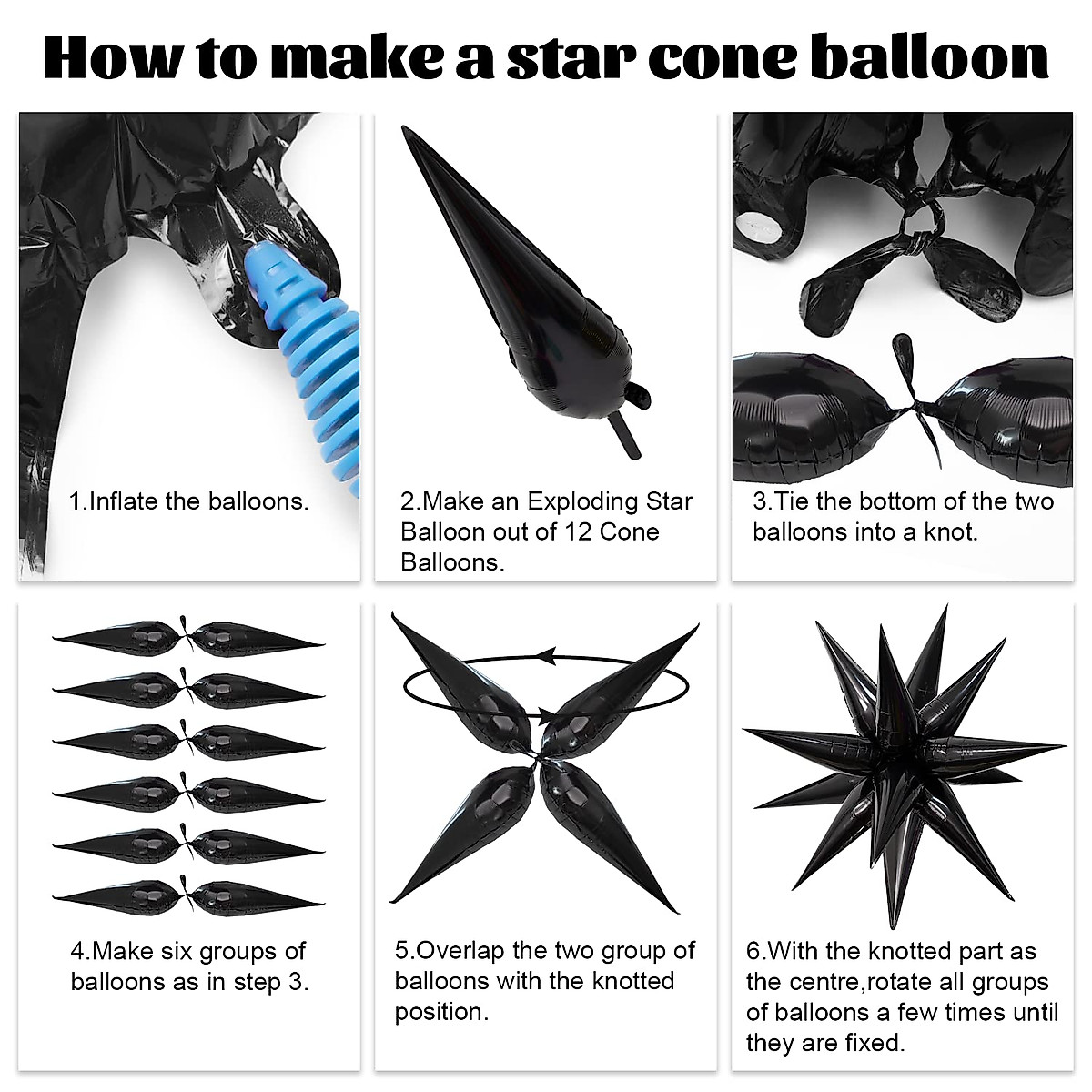 Maylai 50 PCS 40" Large Black Star Balloons Big Metallic Explosion Star Foil Balloons 12 Point Star Balloons Starburst Cone Mylar Balloons Spike Balloons for Birthday Christmas Party Decoration