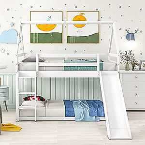 Twin Size Bunk House Bed with Convertible Slide and Ladder,Twin Over Twin Wooden Bed Frame with Guardrails for Kids Teens Girls Boys,White