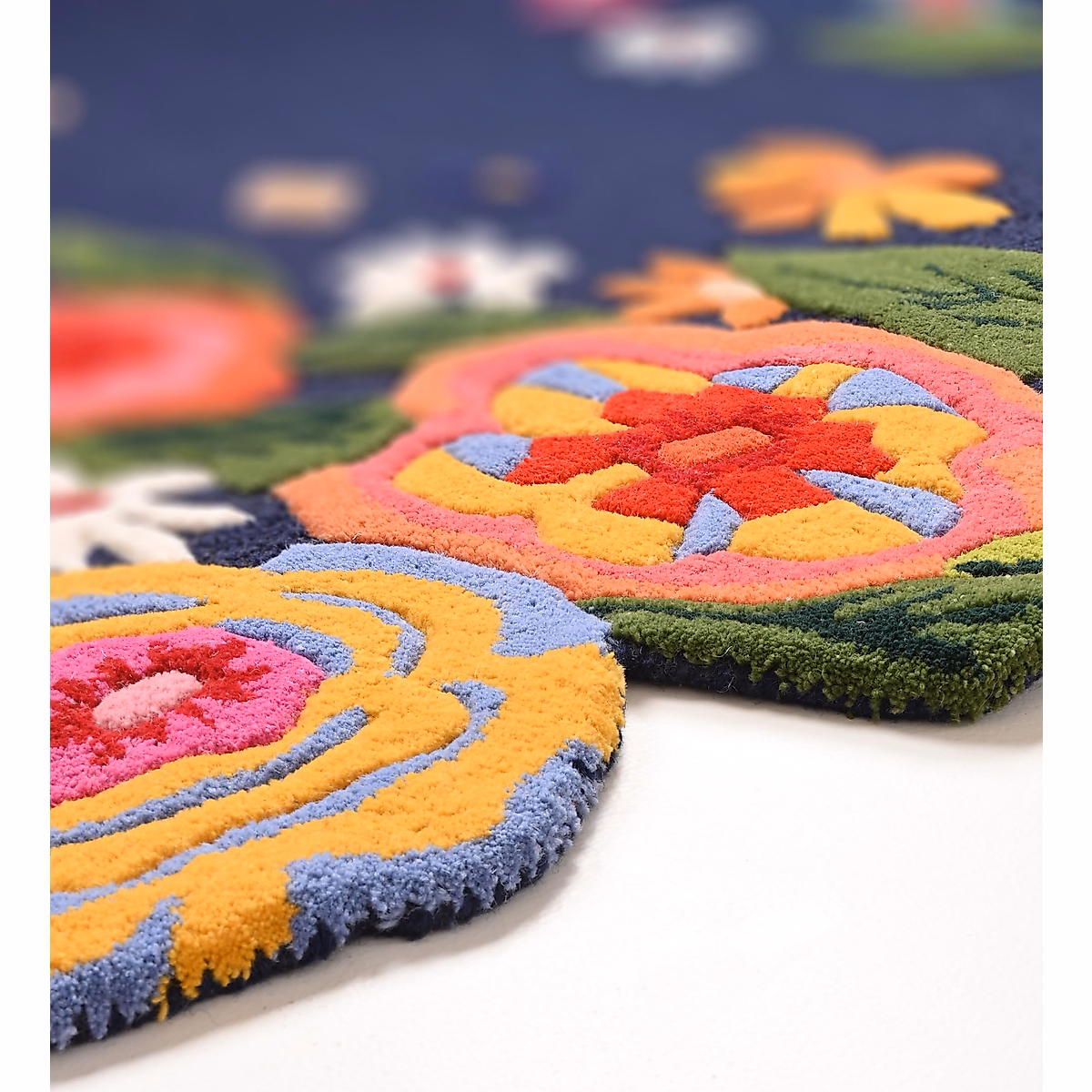 Handmade Colorful Roses Floral Wool Area Rug | Irregular Shape, Blossom & Vibrant Multi-Colored Garden Flower Pattern | Thick & Soft Carpet for Living, Bedroom & Kitchen Deco (Navy, 5' x 8')