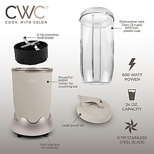 COOK WITH COLOR Personal Power Blender 600W, 24oz Capacity, BPA-Free Jar, Ice-Crushing Blades, Ideal for Smoothies & More, Anti-Slip Feet, Easy to Clean, Greige