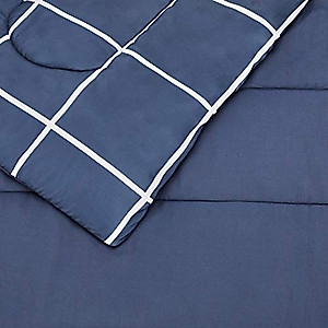 Amazon Basics Lightweight Microfiber 5 Piece Bed-in-a-Bag Comforter Bedding Set, Twin/Twin XL, Navy with Simple Plaid