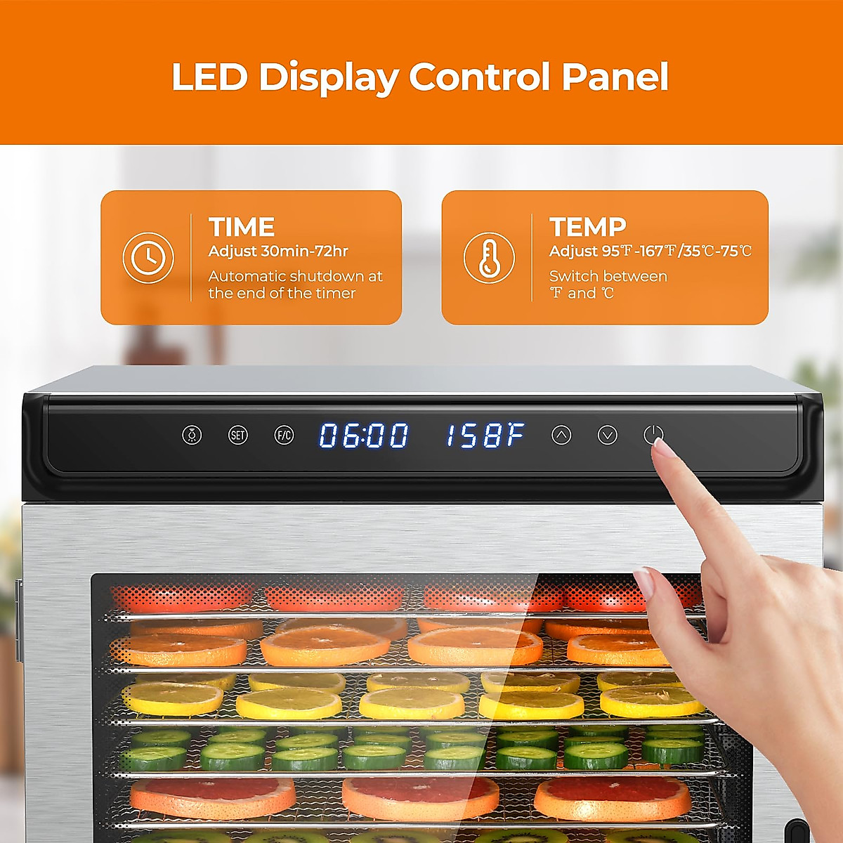 YASHE Food Dehydrator Machine, 12 Stainless Steel Food Dryer, 72H Timer and Temperature Control (95°F-167°F), 1300W Dehydrators for Food and Jerky, Herbs, Fruit, Dog Treats, Recipes Book Included