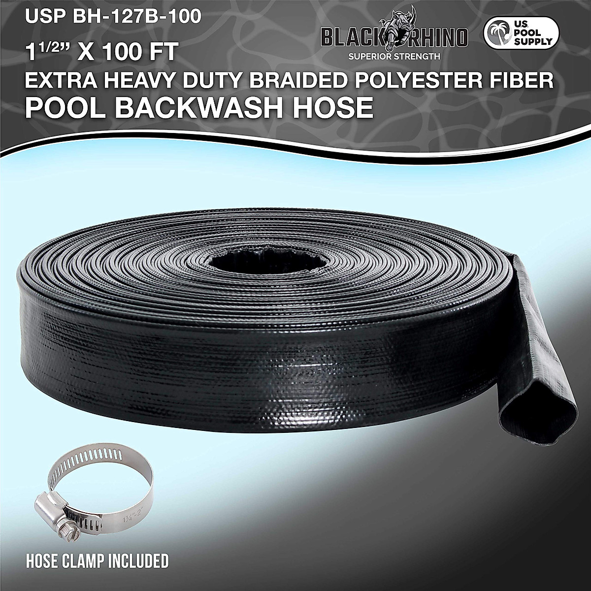 U.S. Pool Supply Black Rhino 1-1/2" x 100' Pool Backwash Hose with Hose Clamp - Extra Heavy Duty Superior Strength, Thick 1.2mm (47mils) - Weather Burst Resistant - Drain Clean Swimming Pools, Filters