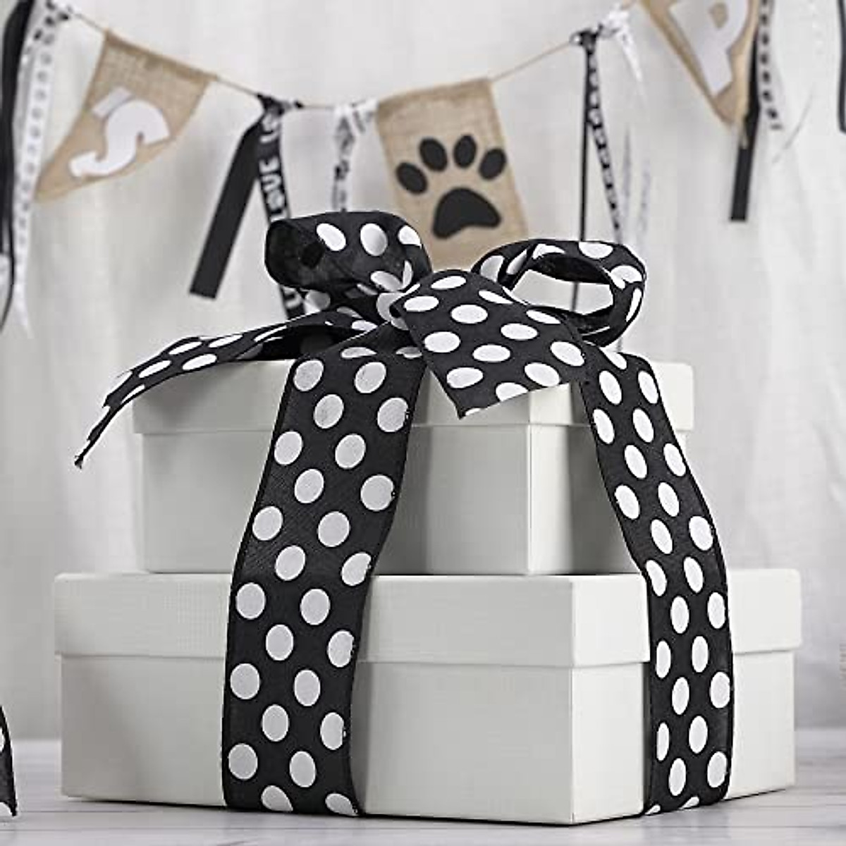MEEDEE Black Ribbon with White Dots Black and White Polka Dot Ribbon 2.5 Inch Black Wired Ribbon for Black & White Welcome Front Door Burlap Wreath Pet Wreath Dog Wreath Ribbon Gift Basket, 10 Yards
