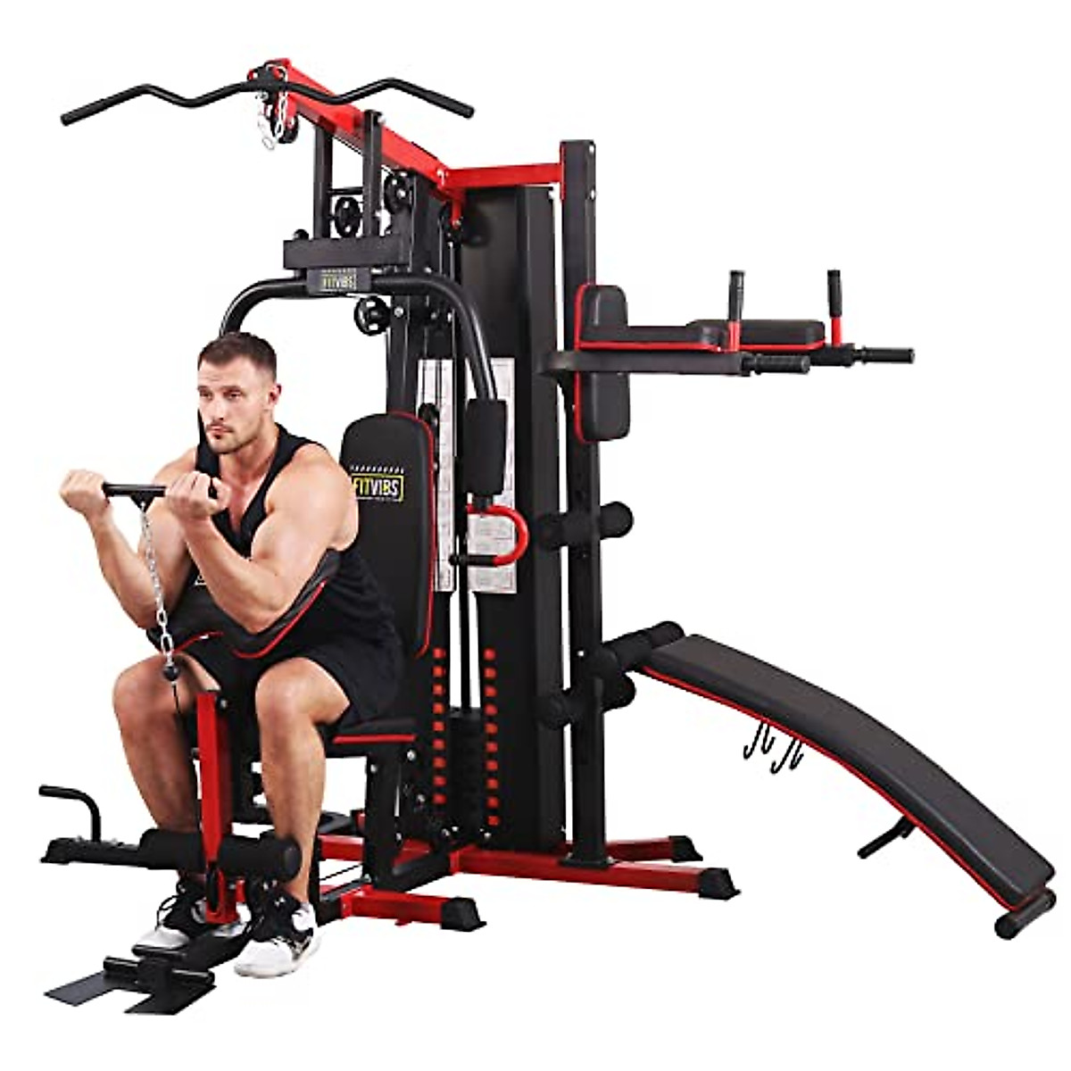 BalanceFrom Multifunctional Home Gym System Workout Station with Leg Extension, Preacher Curl, Pushup, Dip and Situp Stand, 122.5LB Weight Stack, Model 900